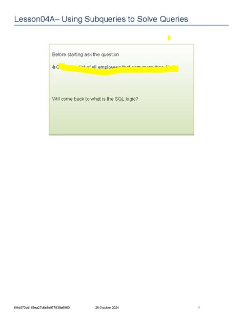 Les04a Using Subqueries 20202 Lesson04a Using Subqueries To Solve
