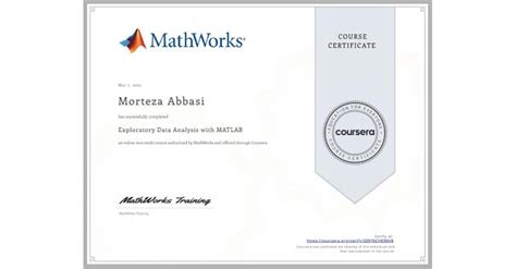 Morteza Abbasi On Linkedin Completion Certificate For Exploratory Data Analysis With Matlab