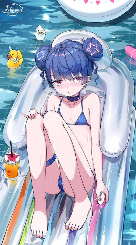 Liclac Original Highres 1girl Barefoot Bikini Blue Bikini Blue Hair Controller Dildo