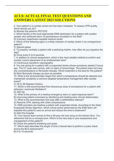 ACLS ACTUAL FINAL TEST QUESTIONS AND ANSWERS LATEST SOLUTIONS ACLS Stuvia US