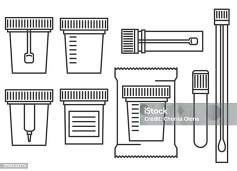 실험실 테스트 컨테이너 뚜껑이 있는 플라스틱 항아리에 소변 생체 재료 대변 정액 및 혈액을 검사합니다 윤곽선 벡터 그림 컵에 대한 스톡 벡터 아트 및 기타 이미지 Istock