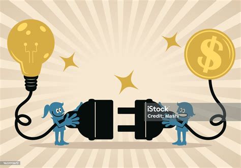 돈과 아이디어를 위해 연결할 준비가 된 거대한 유선 전원 플러그와 소켓을 들고 있는 두 명의 사업가 2명에 대한 스톡 벡터 아트 및 기타 이미지 Istock