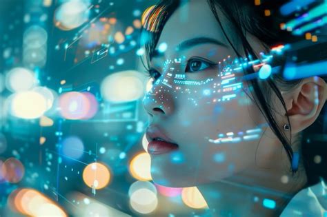 Premium Photo Futuristic Young Woman With Holographic Projections And Digital Interface
