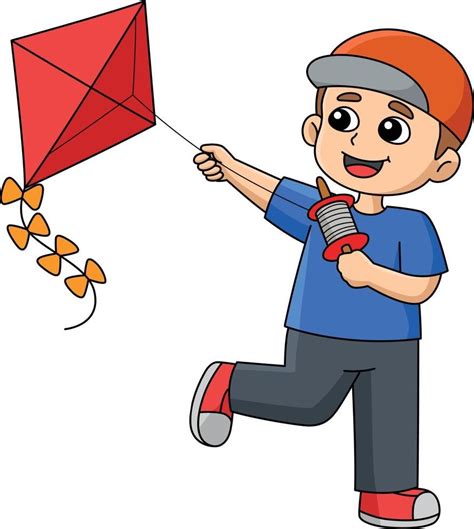 Download Spring Boy Flying A Kite Cartoon Colored Clipart For Free