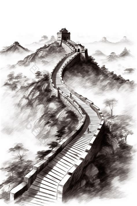 中国长城水墨剪影png下载 包图网