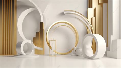 흰색과 금색 3d 기하학적 구성 최소한의 추상적 배경을 가진 흰색과 금색의 3d 렌더링 모양과 기하학이 있는 무대 쇼