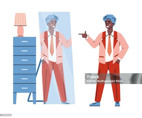 자신감 자기 만족 젊은 남자 만화 벡터 일러스트 고립 거울에 대한 스톡 벡터 아트 및 기타 이미지 거울 개성 개념 반사 광학 작용 Istock