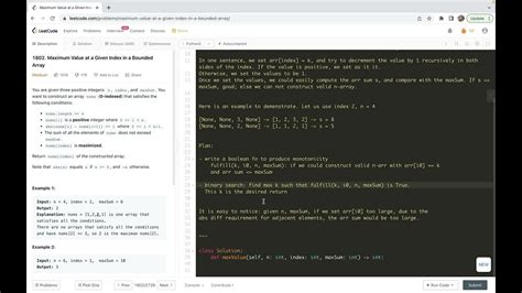 Leetcode 1802 Maximum Value At A Given Index In A Bounded Array