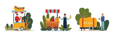 야외에서 음식과 음료를 파는 젊은이들의 다양한 만화 캐릭터 세트 거리에 대한 스톡 벡터 아트 및 기타 이미지 거리 건축 과일 Istock
