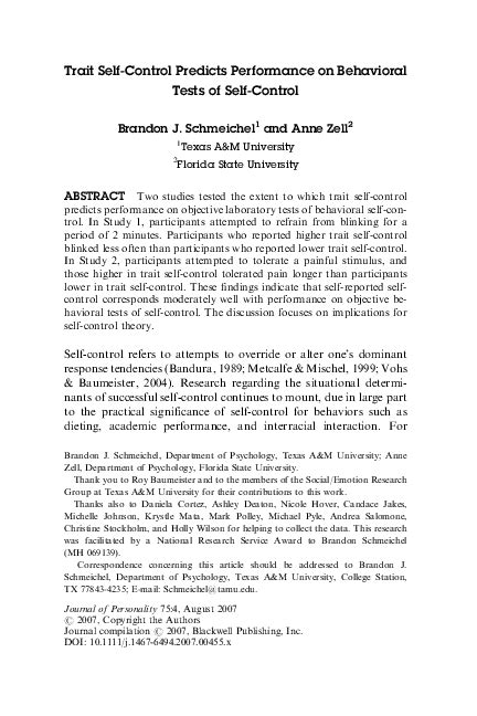 Pdf Trait Self Control Predicts Performance On Behavioral Tests Of Self Control