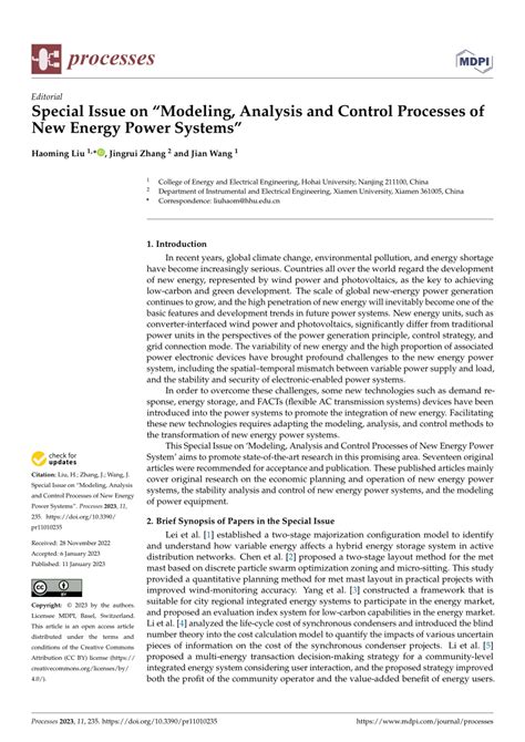 Pdf Special Issue On “modeling Analysis And Control Processes Of New Energy Power Systems”