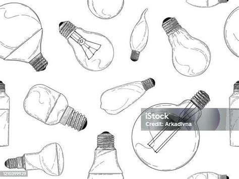 흰색 배경에 격리 된 다른 전구의 스케치 매끄러운 패턴 벡터 일러스트레이션 전구에 대한 스톡 벡터 아트 및 기타 이미지 전구 배경 주제 새긴 이미지 Istock