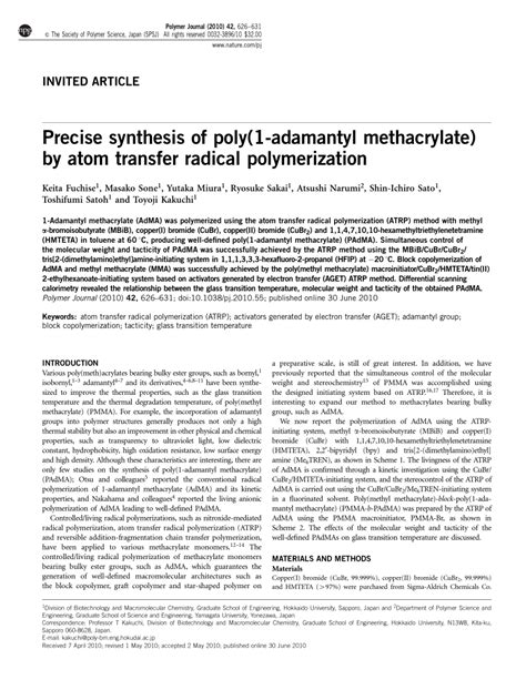 Pdf Precise Synthesis Of Poly1 Adamantyl Methacrylate By Atom