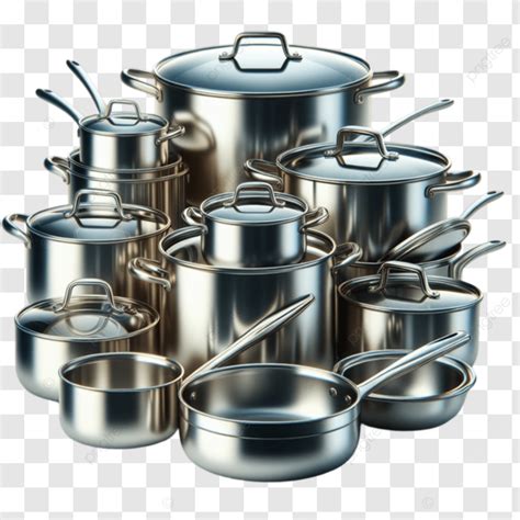 주방용 스테인레스 스틸 조리기구 컬렉션 3d 세트 스테인레스 스틸 조리기구 컬렉션 주방용 3d 강철 조리기구 세트 조리기구 Png 일러스트 및 이미지 에 대한 무료