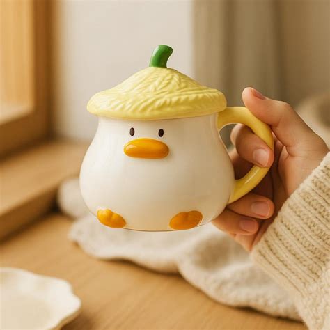 Kawaii Duck Ceramic Mug With Lid Cute Cartoon 3d Coffee Cup Tea