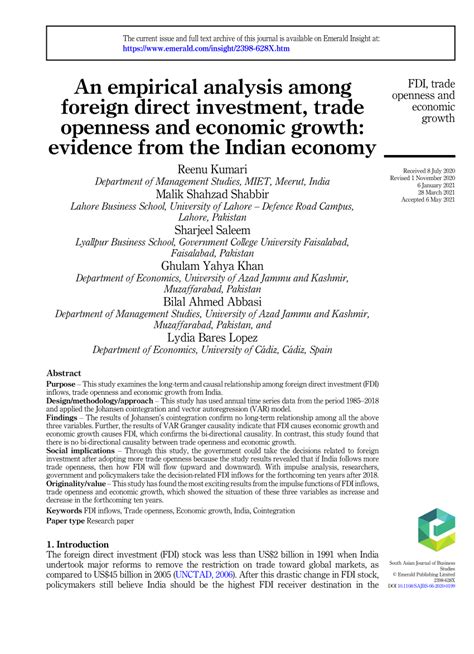 Pdf An Empirical Analysis Among Foreign Direct Investment Trade Openness And Economic Growth