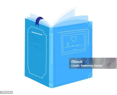 표지에 사랑의 하트와 우아한 글씨가 있는 파란색 펼쳐진 책 미니멀리스트 독서 및 문학 개념 로맨스 소설 또는시 책 벡터 일러스트 레이 션 감정에 대한 스톡 벡터 아트 및