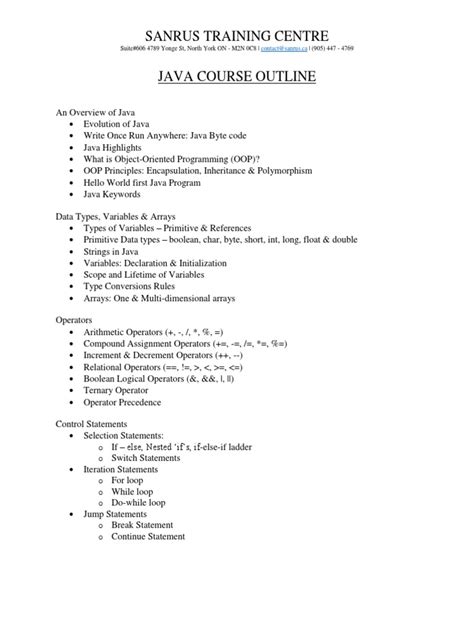 Java Course Outline Pdf Method Computer Programming Class