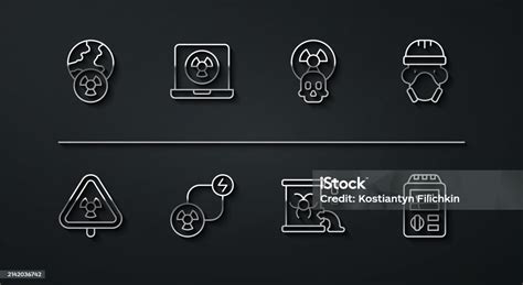 세트 라인 행성 지구와 방사선 삼각형 원자로 작업자 배럴의 방사성 폐기물 교환 에너지 노트북 선량계 및 아이콘 벡터 가이거 계수관에 대한 스톡 벡터 아트 및 기타 이미지