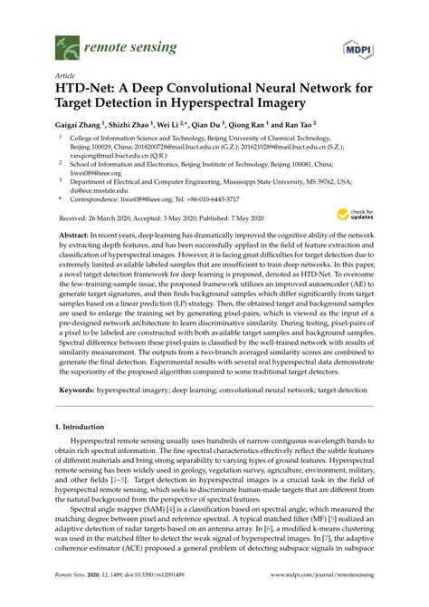 Pdf Htd Net A Deep Convolutional Neural Network For Target Detection In Hyperspectral Imagery
