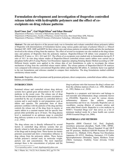 Pdf Formulation Development And Investigation Of Ibuprofen Controlled Release Tablets With