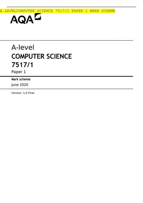 Aqa A Level Computer Science Paper 1 Ms 2020aqa A Level Computer