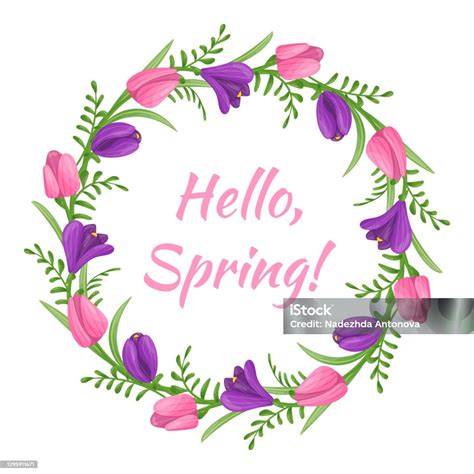헬로 스프링이라는 문구가 새겨진 원에 배열된 꽃과 잎의 구성 스프링 디자인 인사말 카드 초대장 포스터 배너 및 기타 디자인에