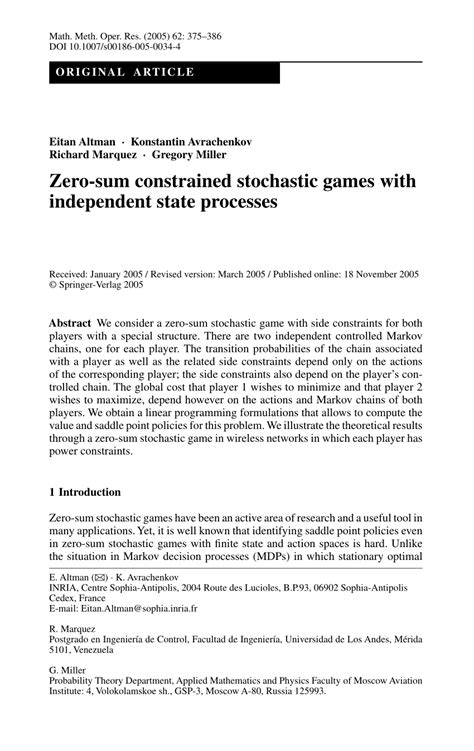 Pdf Zero Sum Constrained Stochastic Games With Independent State Processes