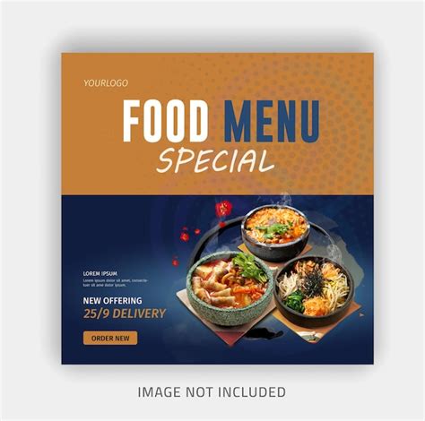 맛있는 음식 메뉴 소셜 미디어 게시물 또는 정사각형 전단지 프리미엄 벡터