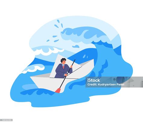 사업가는 배에서 폭풍 강한 바람 파도와 싸우며 재정적 성공을 위해 노력하고 플랫 벡터 일러스트레이션 개념에 대한 스톡 벡터 아트