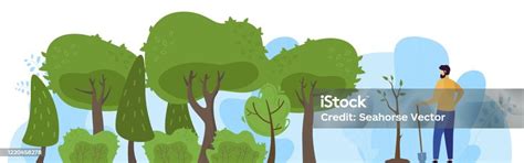 공원에서 식물 나무 남성 문자 지구를 저장 산림 사람 평면 벡터 일러스트 레이션 남자 삽 식물 부시 묘목 자연을 보호 합니다 감소에 대한 스톡 벡터 아트 및 기타 이미지