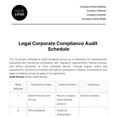Free Legal Corporate Compliance Audit Schedule Template To Edit Online