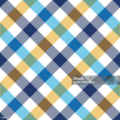 파란색 노란색 흰색 깅엄 체크 패턴 원활한 대각선 컬러풀한 픽셀 격자 무늬 비시 그래픽드레스 식탁보 또는 기타 현대적인 봄과