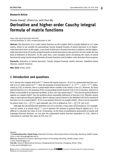 Pdf Derivative And Higher Order Cauchy Integral Formula Of Matrix Functions
