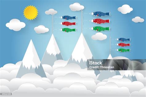 일본 코가 노보리 물고기 잉어와 아침 언덕 산에서 일출 구름과 푸른 하늘 배경 개념으로 서 일본 여행 자유 밝은 종이 예술과 공예 스타일 플래그입니다 벡터 일러스트 레이 션