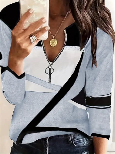 플러스 사이즈 캐주얼 티셔츠 여성용 플러스 컬러블록 프린트 지퍼 긴 소매 라운드 넥 약간의 신축성 Temu