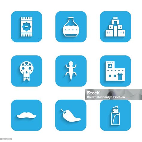 세트 도마뱀 뜨거운 칠리 페퍼 포드 부리토 멕시코 하우스 콧수염 두개골 마야의 치첸 이차 와 카펫 아이콘 벡터 0명에 대한 스톡 벡터 아트 및 기타 이미지 Istock