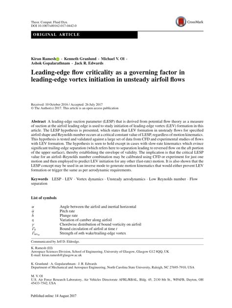 Pdf Leading Edge Flow Criticality As A Governing Factor In Leading Edge Vortex Initiation In