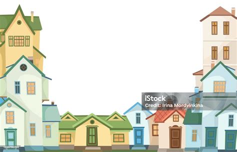 다른 색상의 만화 집 마을이나 마을 프레임 전통적인 유럽 스타일의 아름답고 아늑한 시골 집 좋은 재미있는 집 시골 건물 일러스트 벡터 개념에 대한 스톡 벡터 아트 및 기타