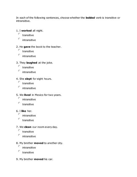 Transitive And Intransitive Verbs Excercies Docx