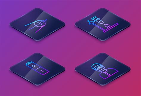 화재 히터 및 보조에 등도 측정 라인 위성 배터리 유리 테스트 튜브 플라스크를 설정합니다 파란색 정사각형 버튼 벡터 3차원 형태에 대한 스톡 벡터 아트 및 기타 이미지