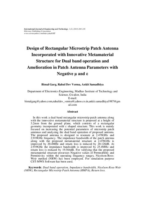 Pdf Design Of Rectangular Microstrip Patch Antenna Incorporated With