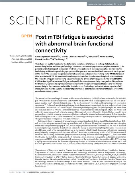 Pdf Post Mtbi Fatigue Is Associated With Abnormal Brain Functional Connectivity Open