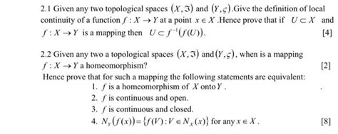 Solved 2 1 Given Any Two Topological Spaces X ℑ And Y ς