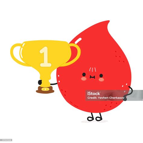 귀여운 재미 혈액 드롭 홀드 골드 트로피 컵 벡터 핸드 그린 만화 가와이 캐릭터 일러스트 아이콘 흰색 배경에 격리 우승자 트로피 컵과 혈액 드롭 귀여운에 대한 스톡 벡터