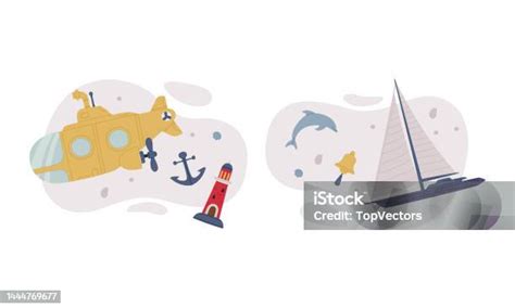 해상 운송 세트 범선과 잠수함 만화 벡터 일러스트 레이 션 0명에 대한 스톡 벡터 아트 및 기타 이미지 0명 강 관광 Istock