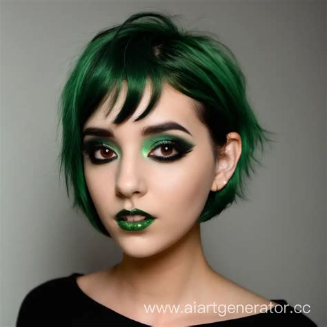 Sultry GreenHaired Girl With Mesmerizing Brown Eyes And Smoky Makeup AI Art Generator