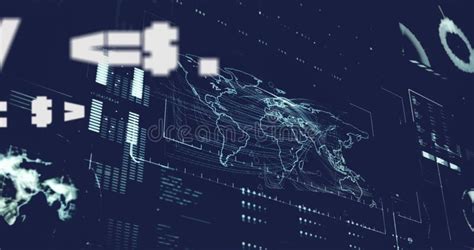 Image Of Digital Data Processing And World Map Over Grid On Dark Background Stock Illustration