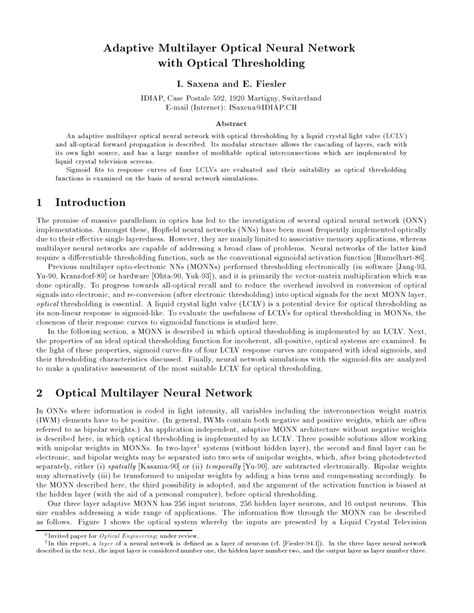 PDF Adaptive Multilayer Optical Neural Network With Optical Thresholding