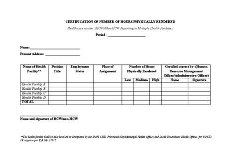 Certification Of Number Of Hours Physically Rendered 1 Pdf